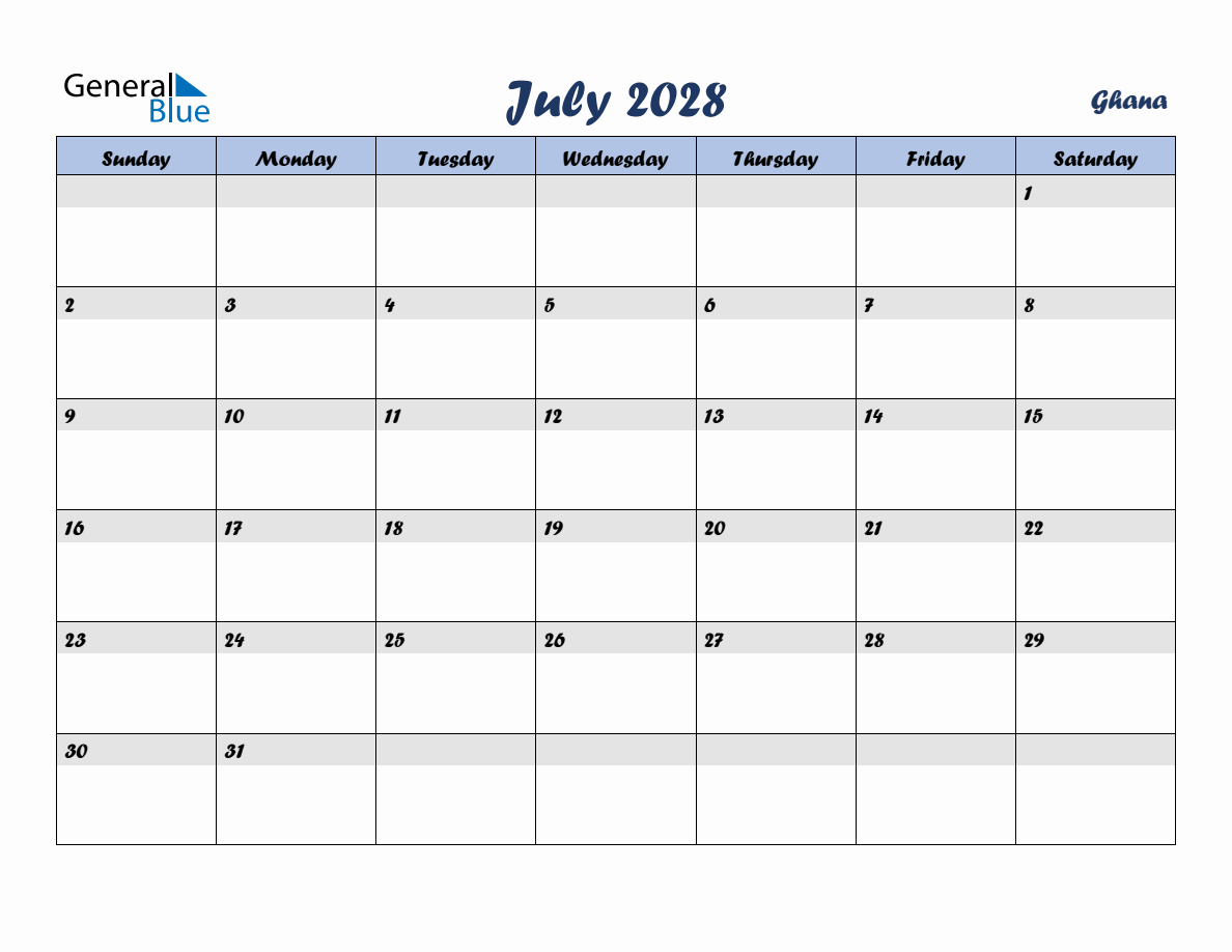 July 2028 Monthly Calendar Template with Holidays for Ghana