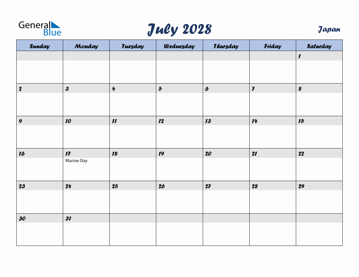 July 2028 Monthly Calendar Template with Holidays for Japan