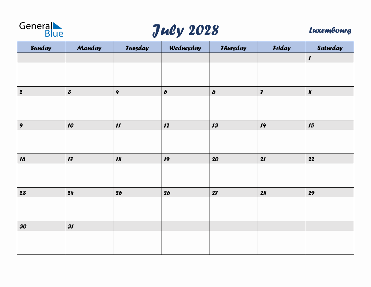 July 2028 Monthly Calendar Template with Holidays for Luxembourg