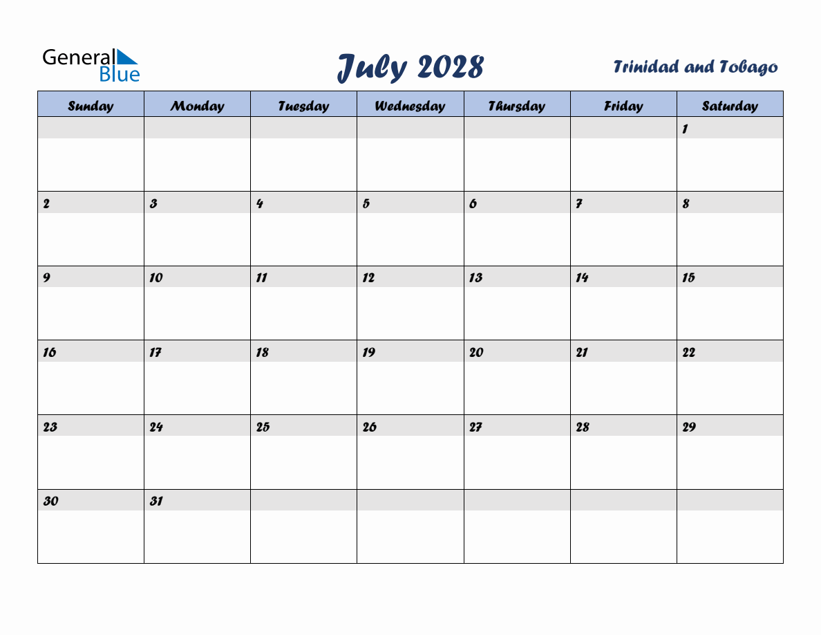 July 2028 Monthly Calendar Template with Holidays for Trinidad and Tobago