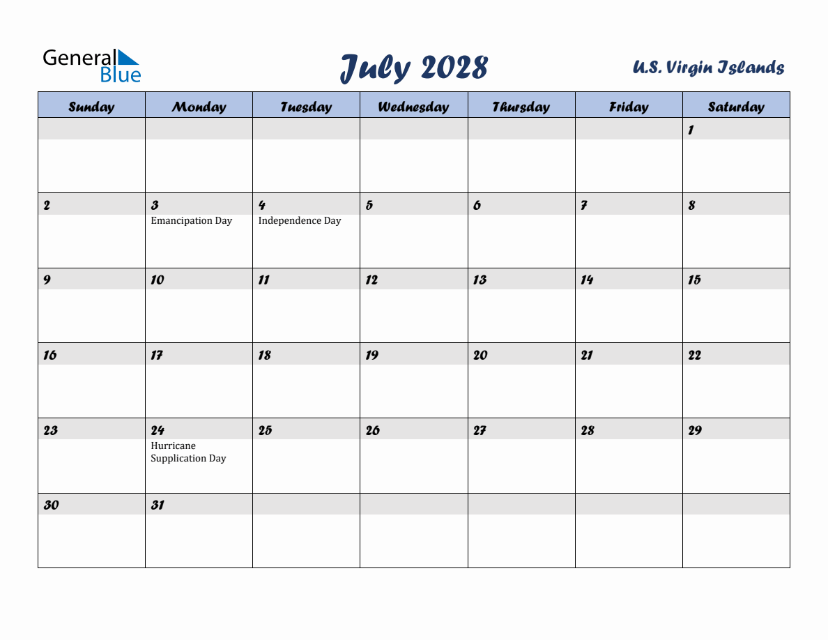 July 2028 Monthly Calendar Template with Holidays for U.S. Virgin Islands