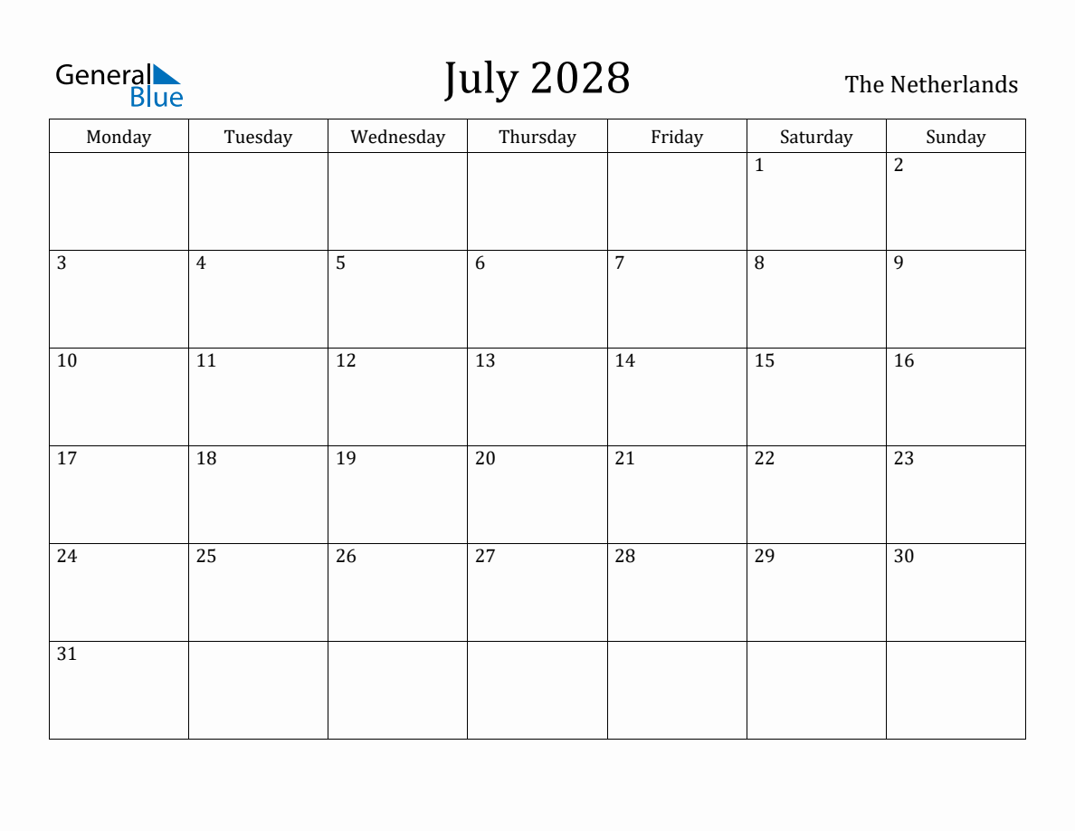 July 2028 Monthly Calendar with The Netherlands Holidays
