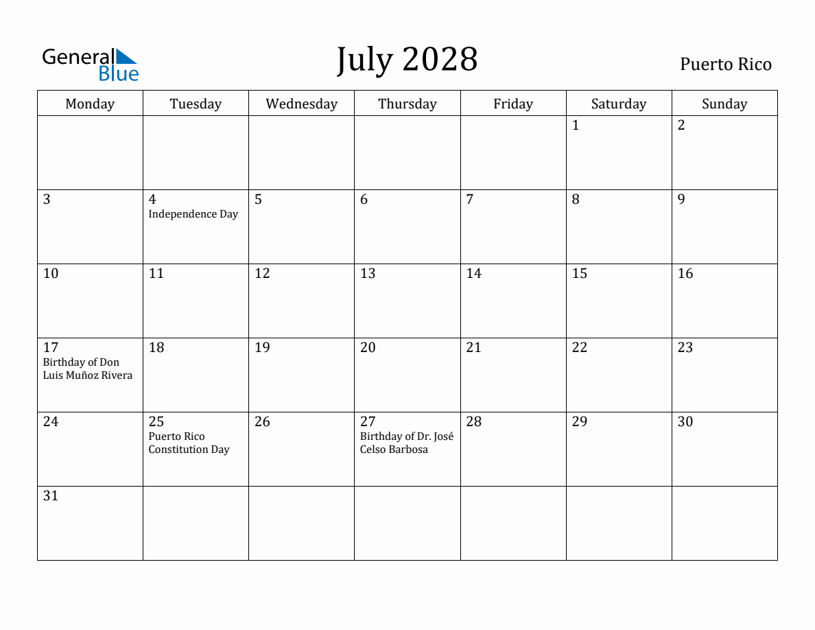 Puerto Rico Monthly Calendar - July 2028 (Monday Start)