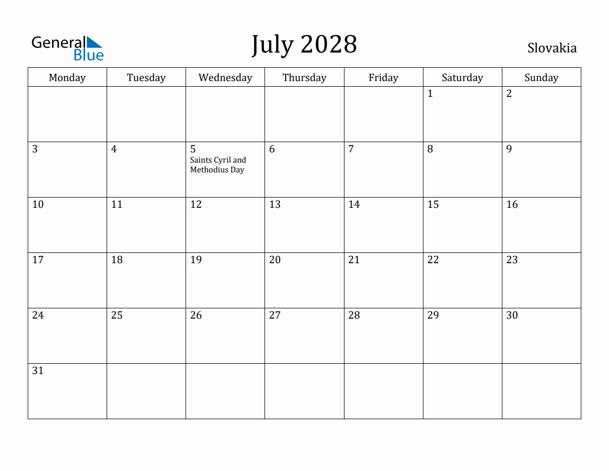 July 2028 Monthly Calendar with Slovakia Holidays (Monday Start)