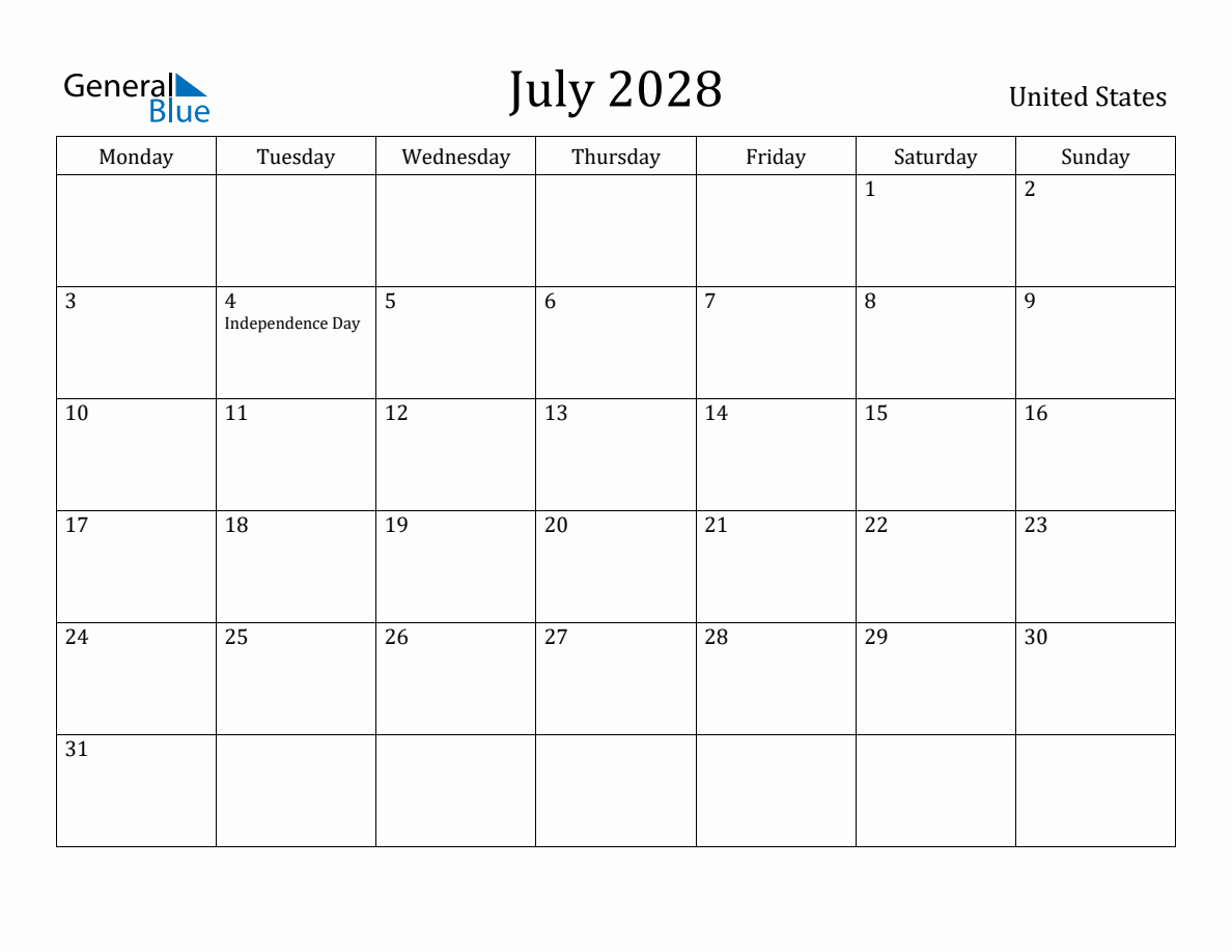 July 2028 Monthly Calendar with United States Holidays (Monday Start)