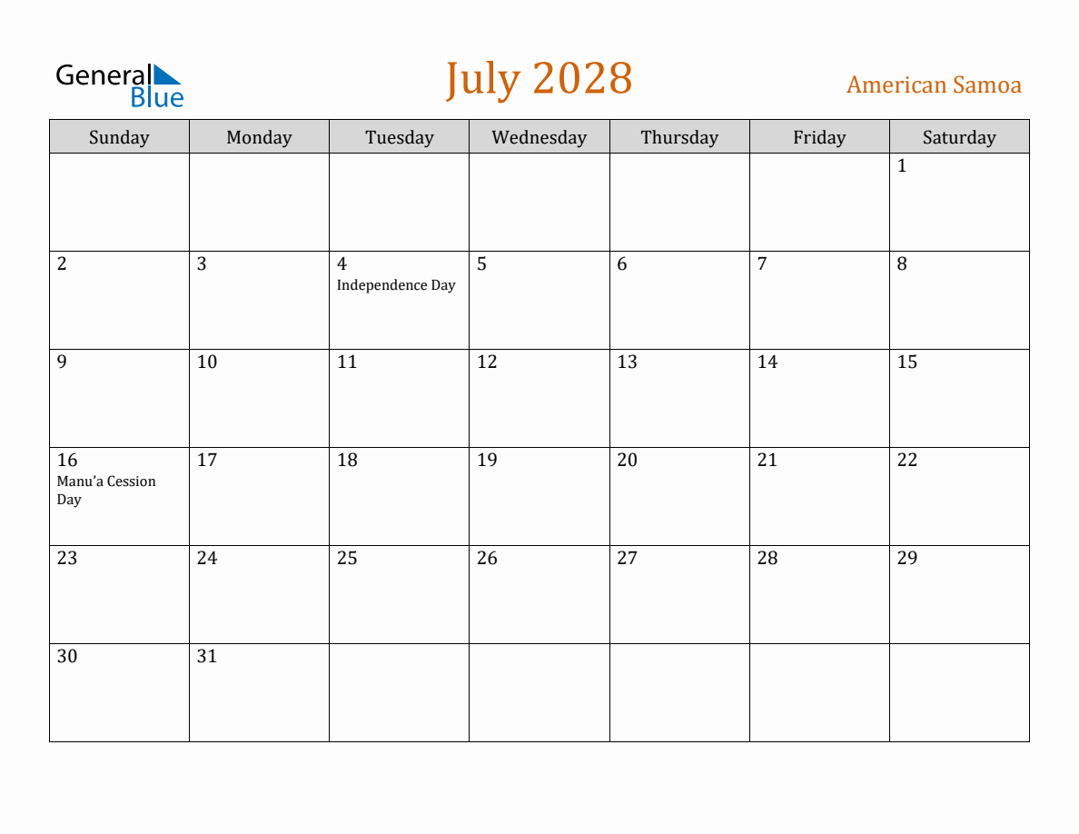 Free July 2028 American Samoa Calendar