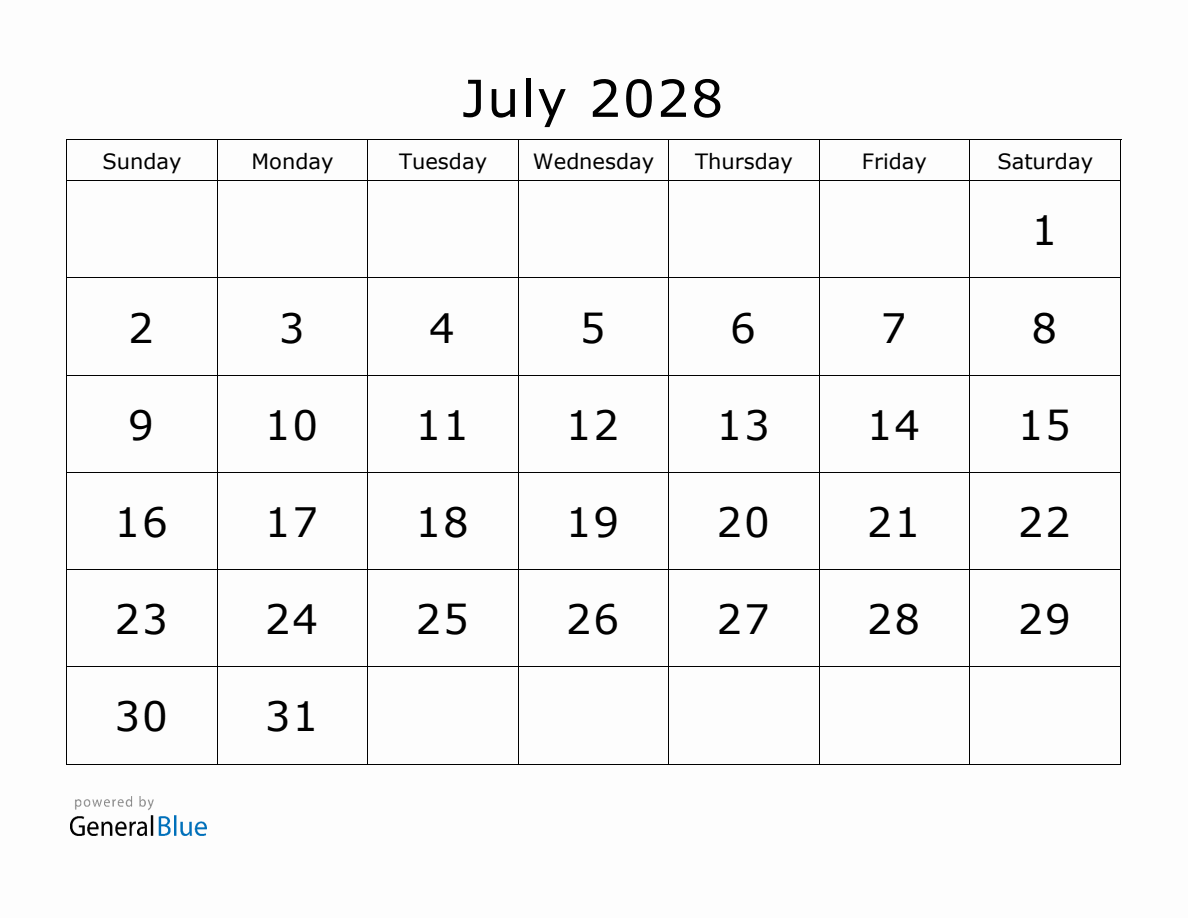 Printable July 2028 Calendar