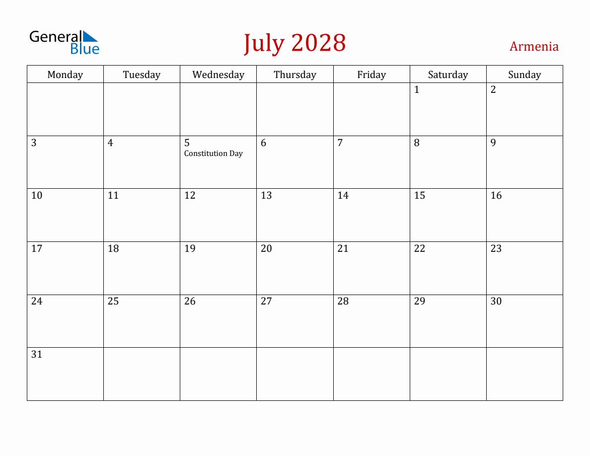 July 2028 Armenia Monthly Calendar with Holidays (Monday Start)