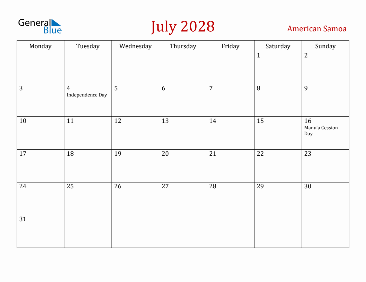 July 2028 American Samoa Monthly Calendar with Holidays (Monday Start)