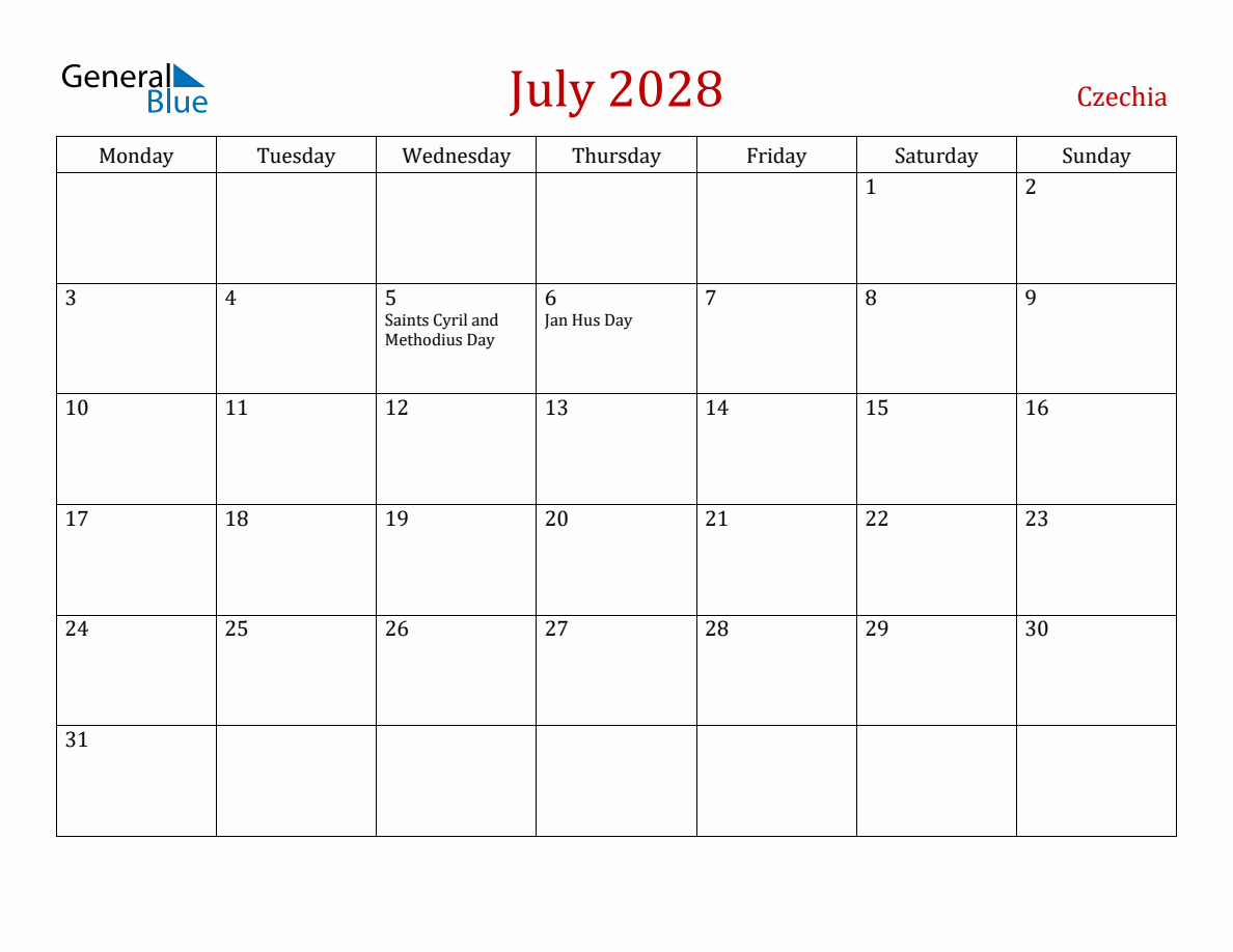 July 2028 Czechia Monthly Calendar with Holidays (Monday Start)