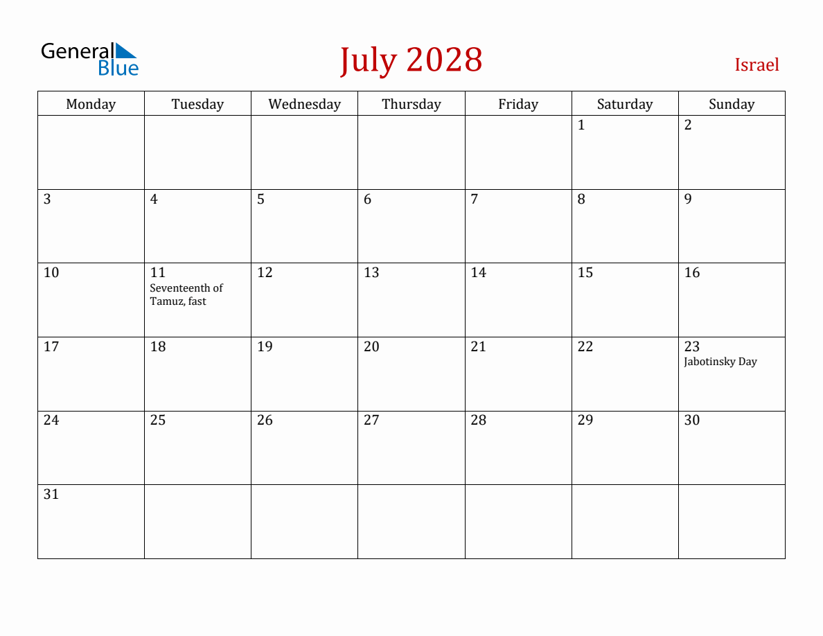 July 2028 Israel Monthly Calendar with Holidays (Monday Start)
