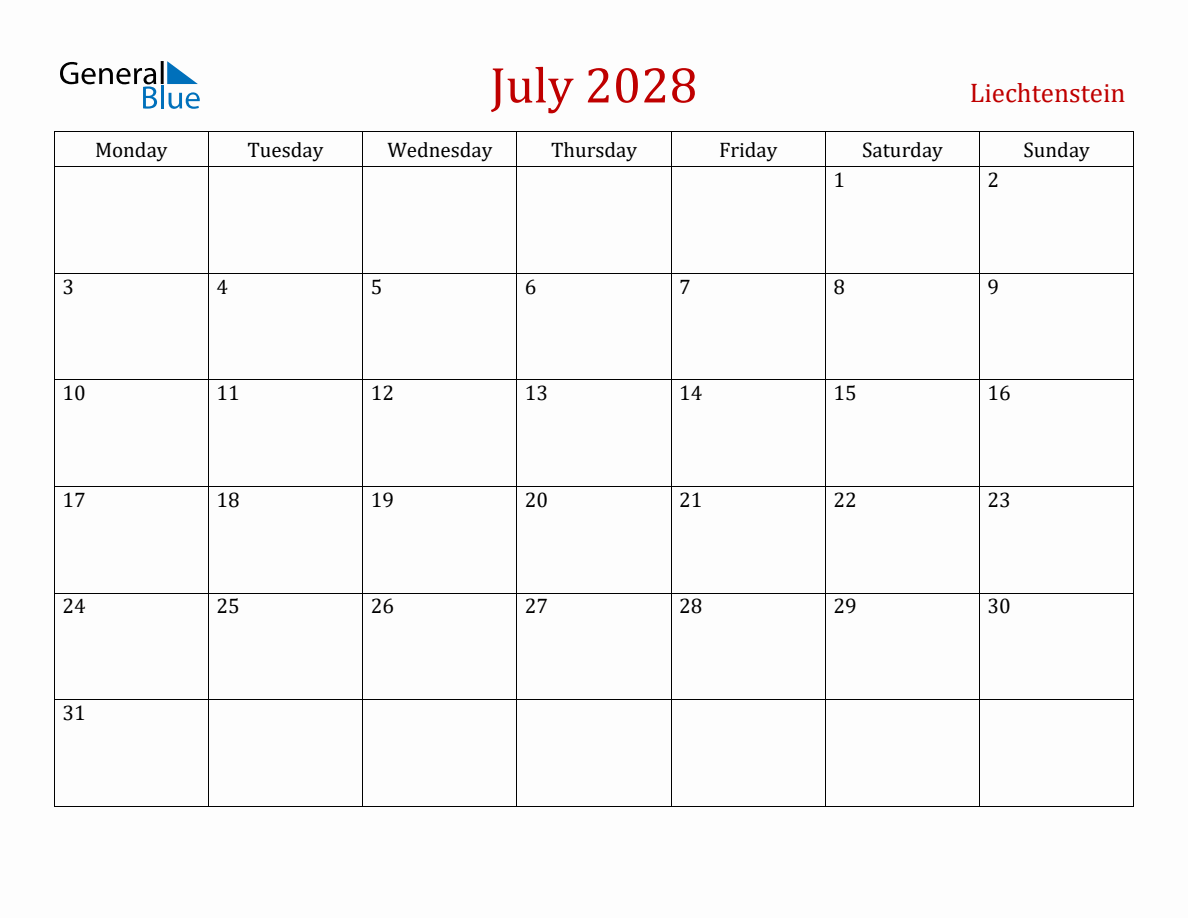 July 2028 Liechtenstein Monthly Calendar with Holidays (Monday Start)