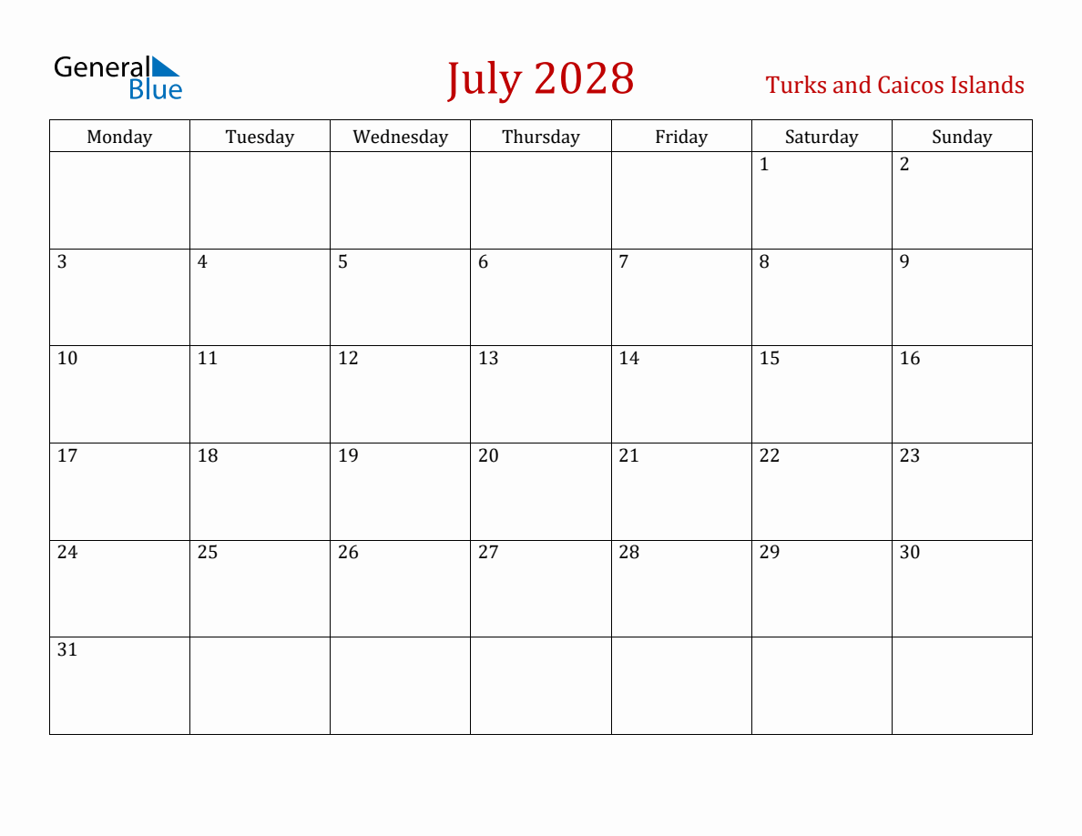 July 2028 Turks and Caicos Islands Monthly Calendar with Holidays ...