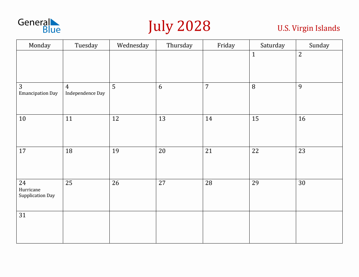 July 2028 U.S. Virgin Islands Monthly Calendar with Holidays (Monday Start)