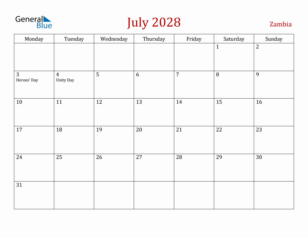 July 2028 Zambia Monthly Calendar with Holidays (Monday Start)