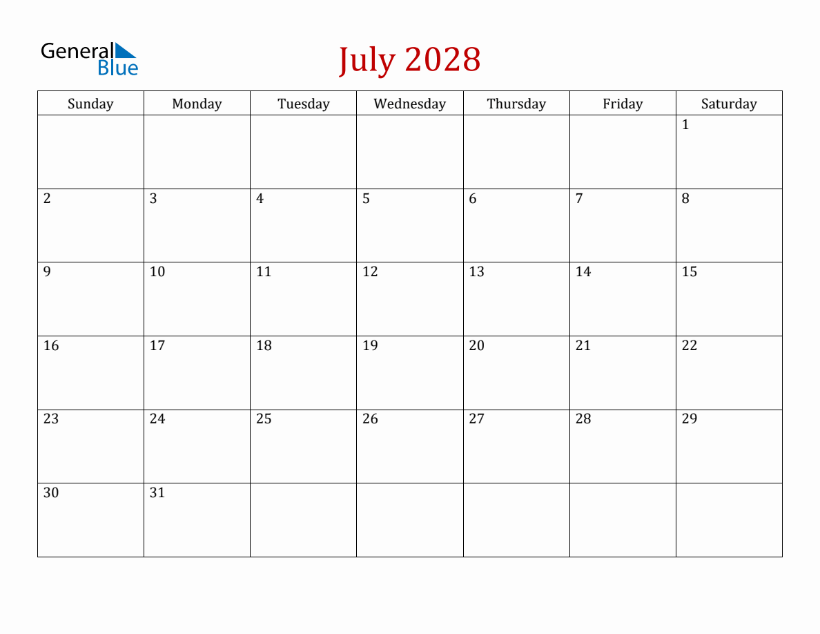 July 2028 Simple Calendar