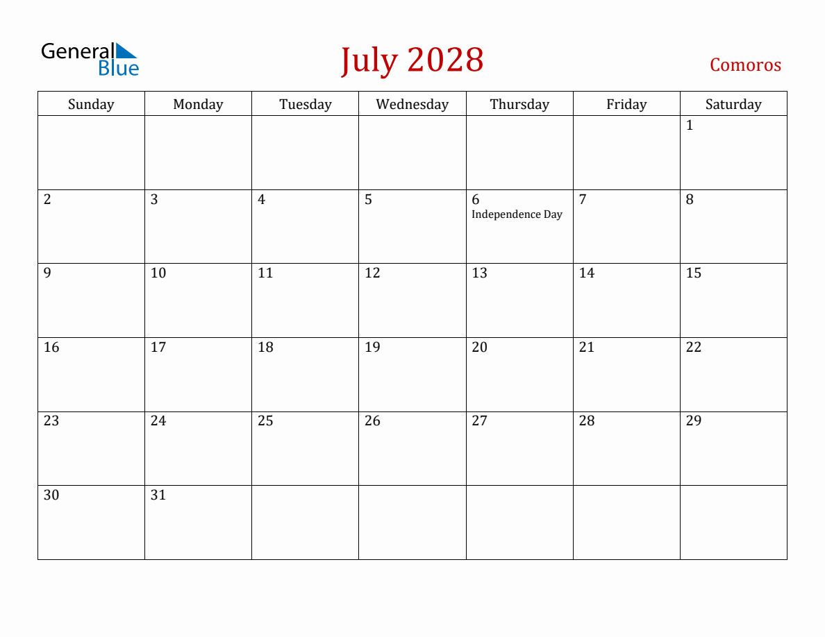 July 2028 Comoros Monthly Calendar with Holidays