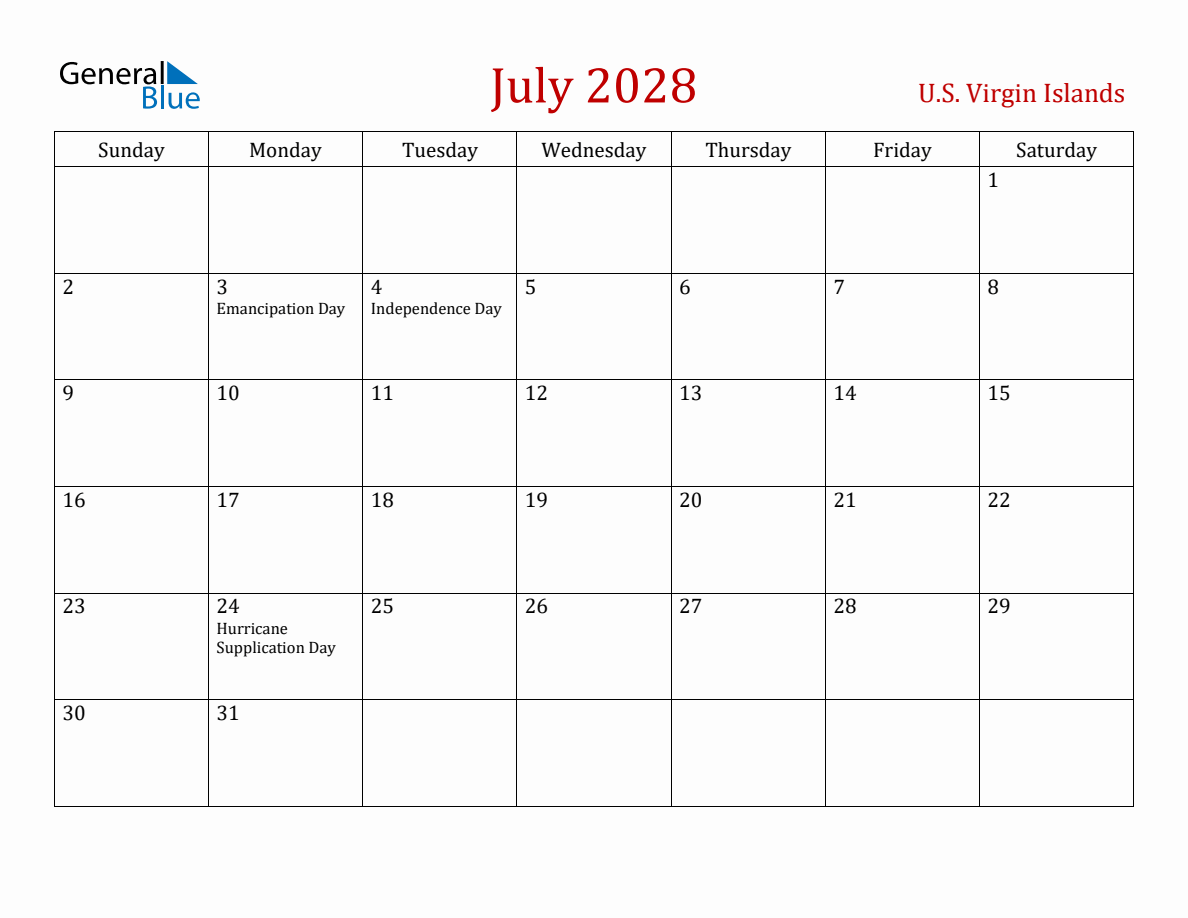 July 2028 U.S. Virgin Islands Monthly Calendar with Holidays