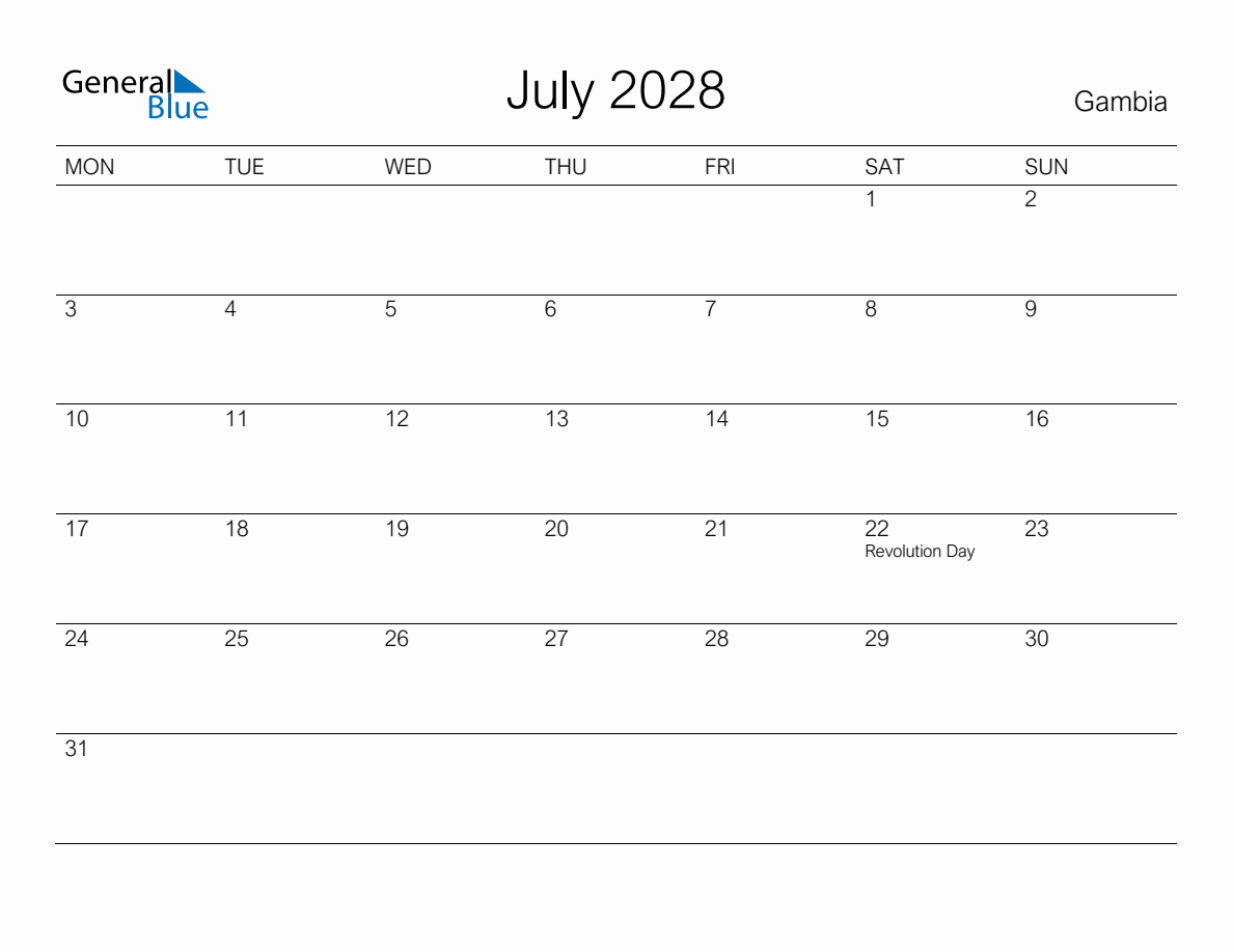 Printable July 2028 Monthly Calendar with Holidays for Gambia (Monday ...