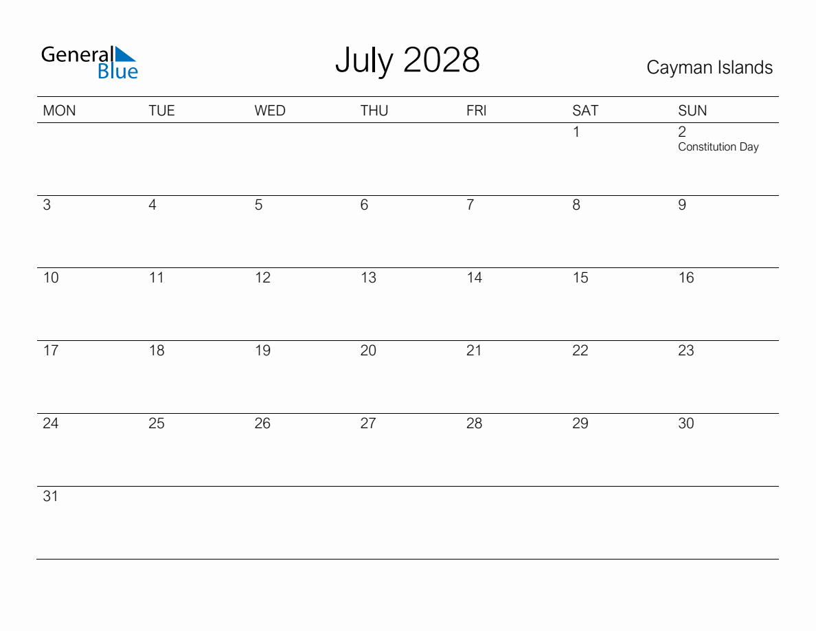 Printable July 2028 Monthly Calendar with Holidays for Cayman Islands ...