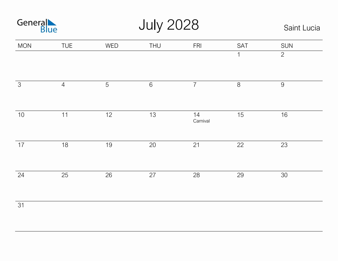 Printable July 2028 Monthly Calendar with Holidays for Saint Lucia ...