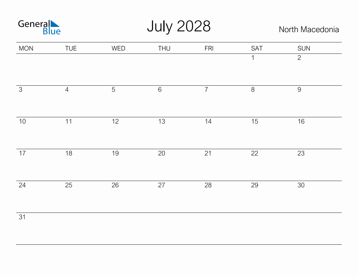 Printable July 2028 Monthly Calendar with Holidays for North Macedonia ...
