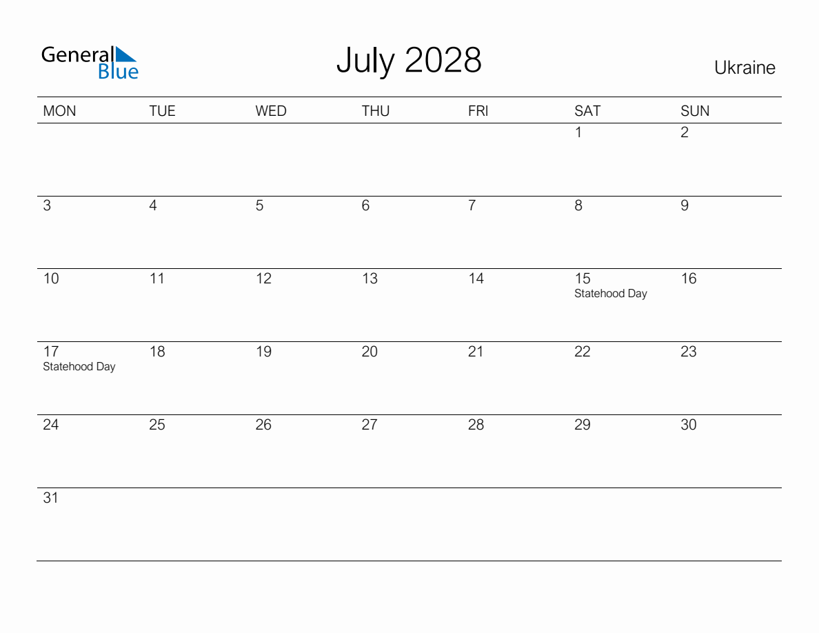 Printable July 2028 Monthly Calendar with Holidays for Ukraine