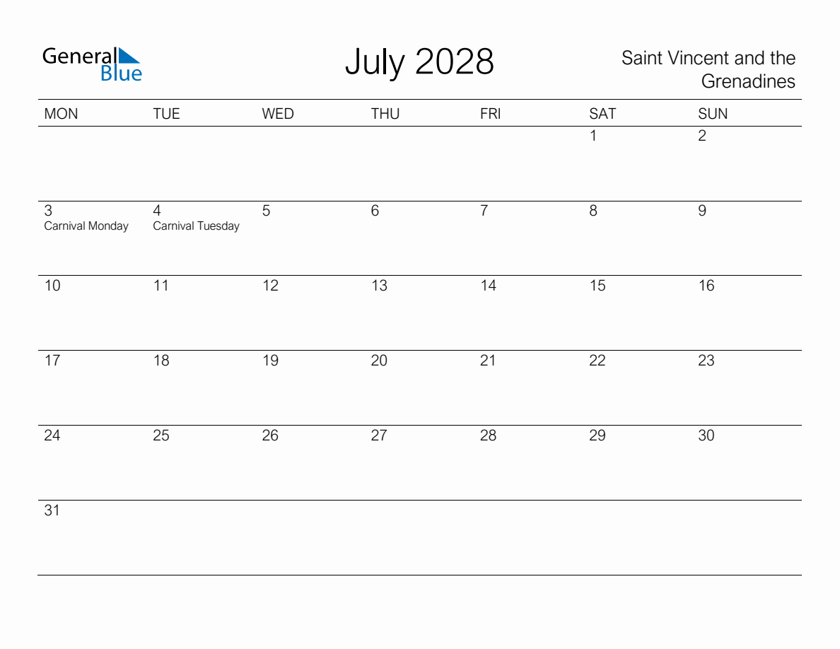 Printable July 2028 Monthly Calendar with Holidays for Saint Vincent ...