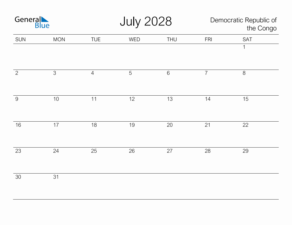 Printable July 2028 Monthly Calendar with Holidays for Democratic ...