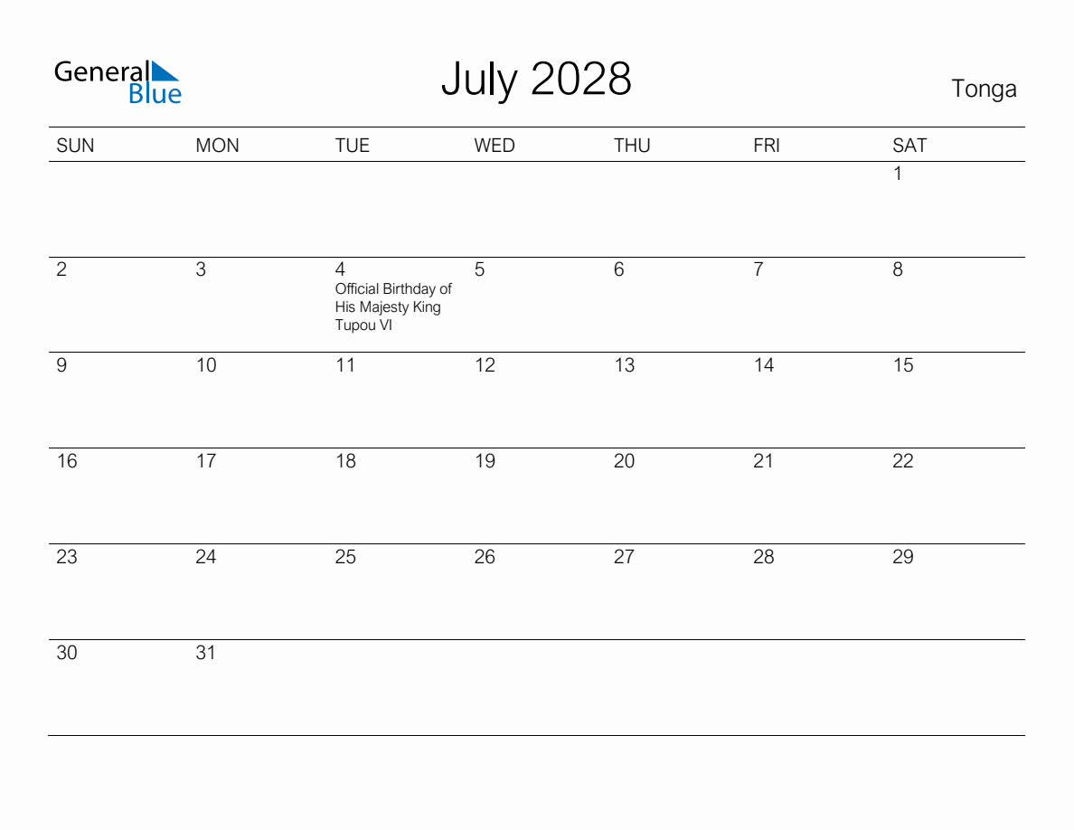 Printable July 2028 Monthly Calendar with Holidays for Tonga