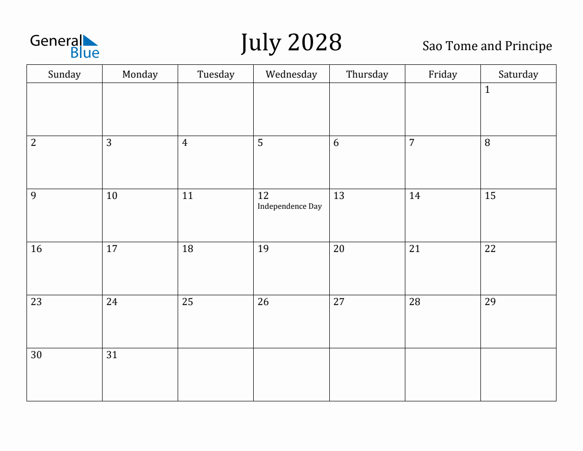 July 2028 Monthly Calendar with Sao Tome and Principe Holidays