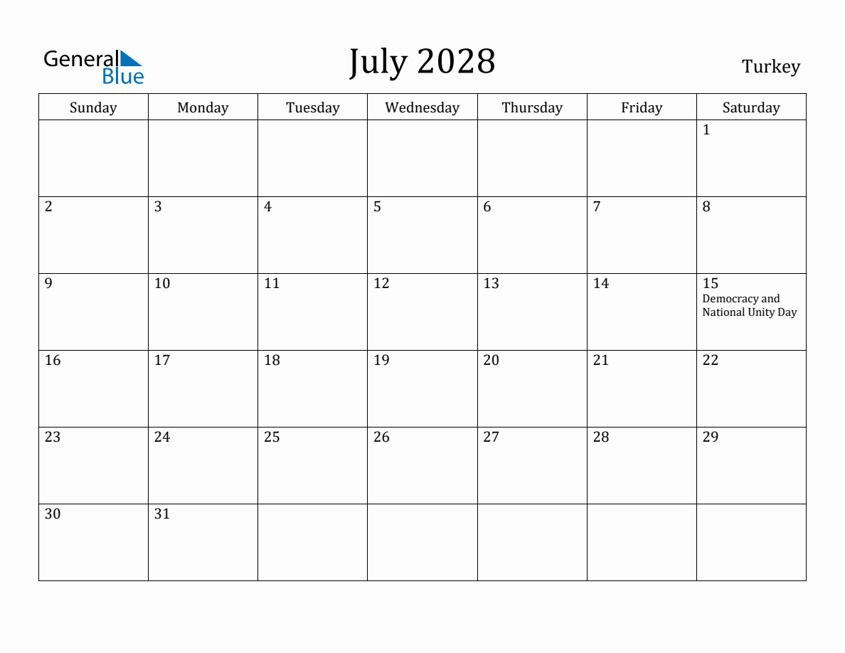 July 2028 Monthly Calendar with Turkey Holidays