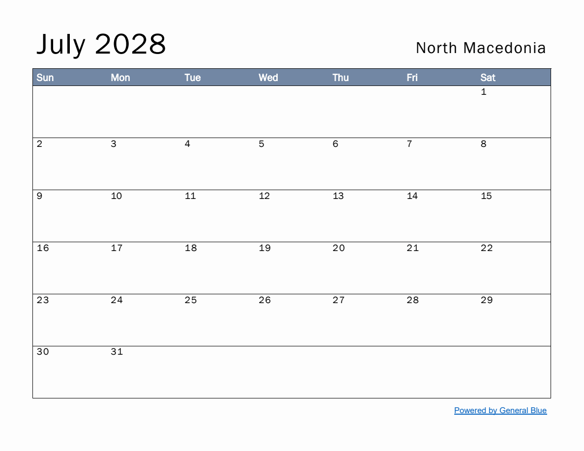 Free Monthly Calendar Template for July 2028 with North Macedonia Holidays
