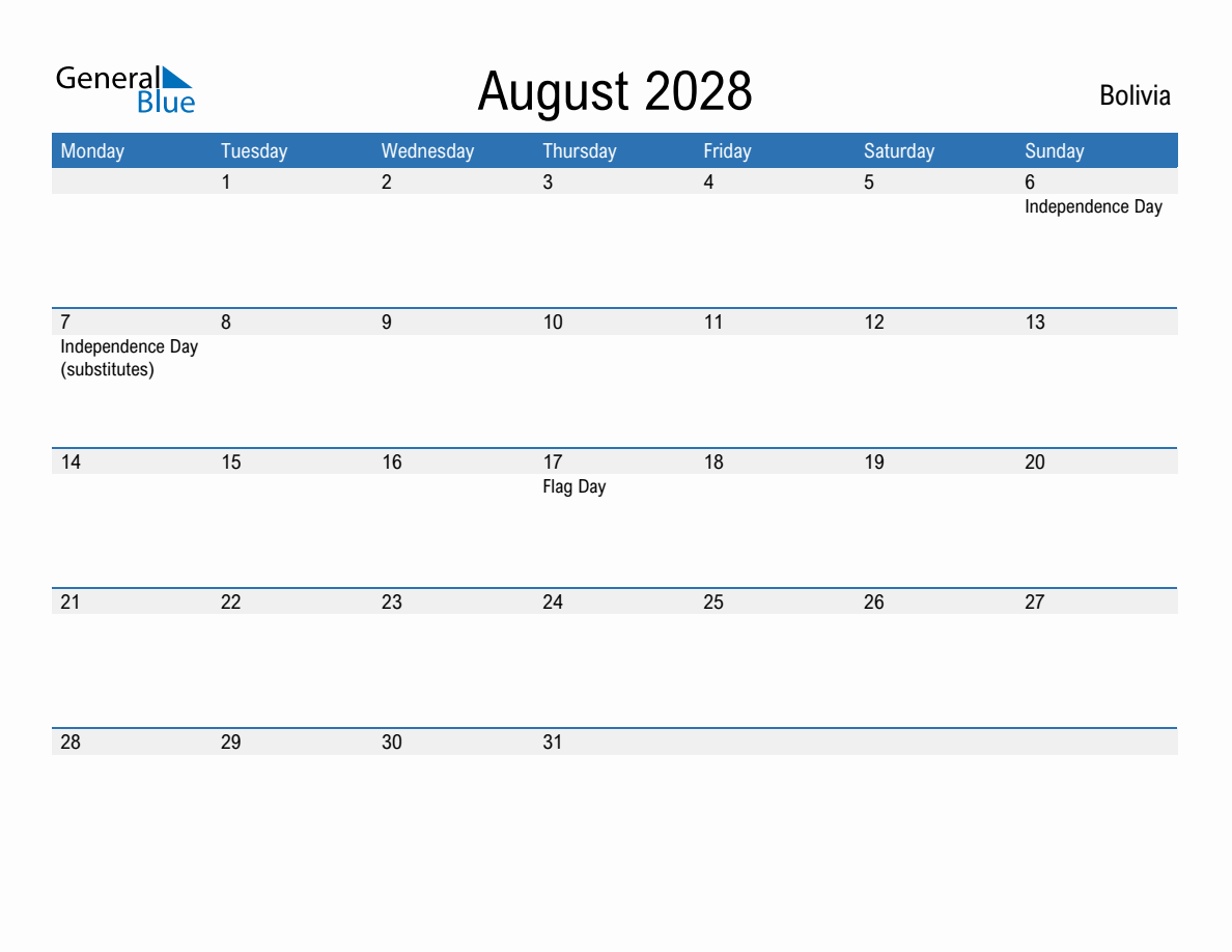 Editable August 2028 Calendar with Bolivia Holidays