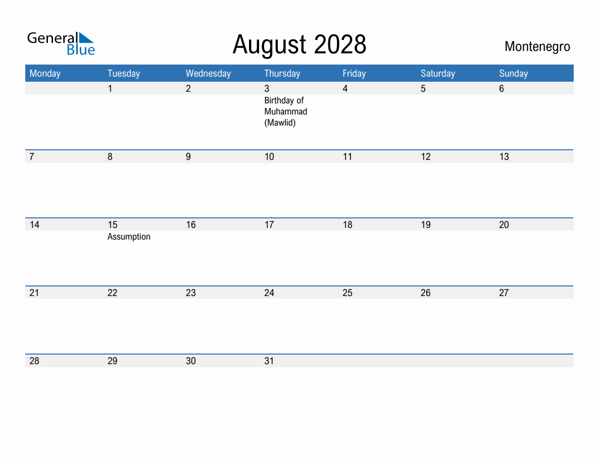 Editable August 2028 Calendar with Montenegro Holidays (Monday Start)