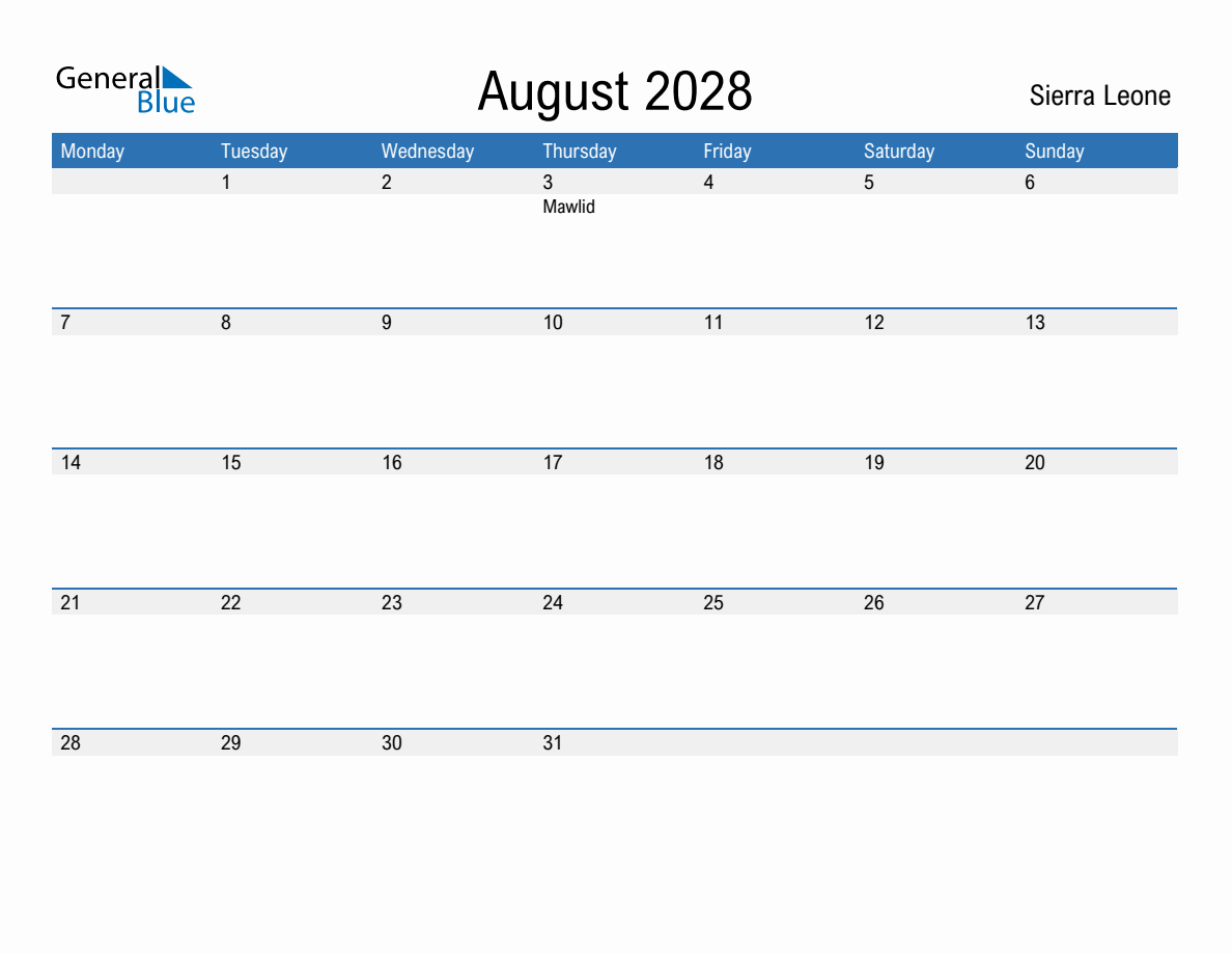 Editable August 2028 Calendar with Sierra Leone Holidays (Monday Start)