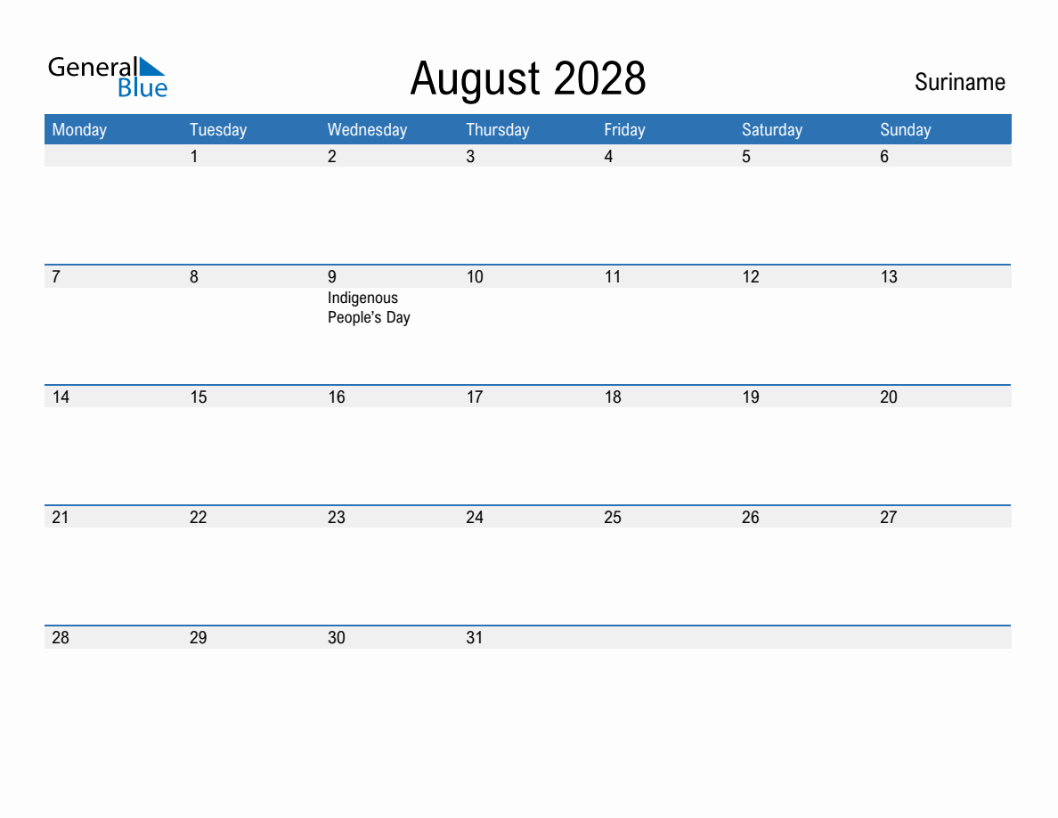Editable August 2028 Calendar with Suriname Holidays (Monday Start)