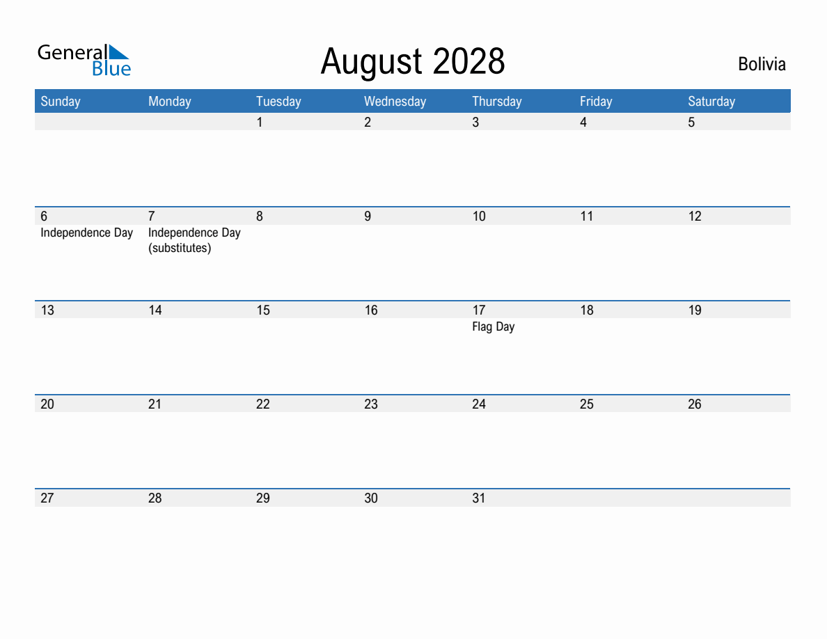 Editable August 2028 Calendar with Bolivia Holidays
