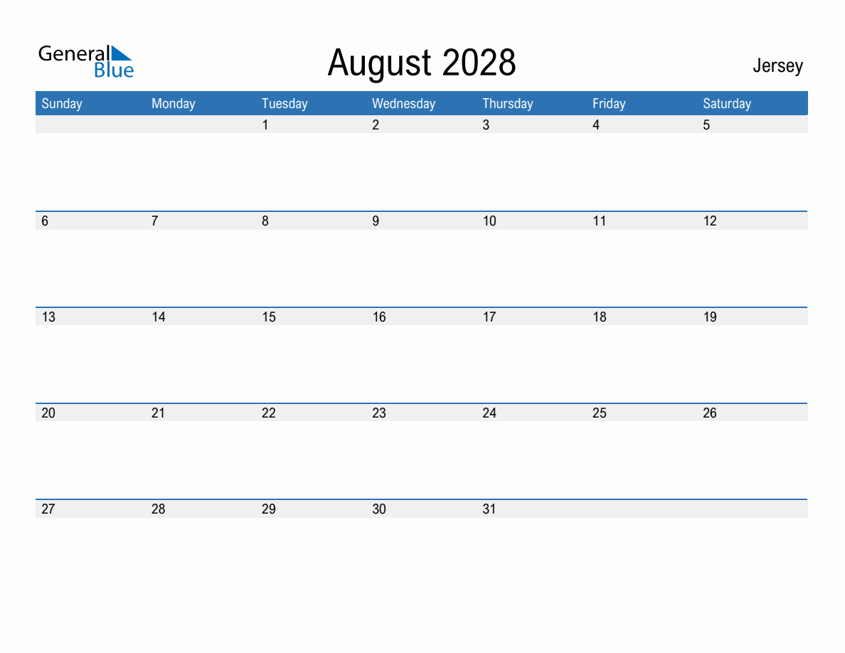 Editable August 2028 Calendar with Jersey Holidays