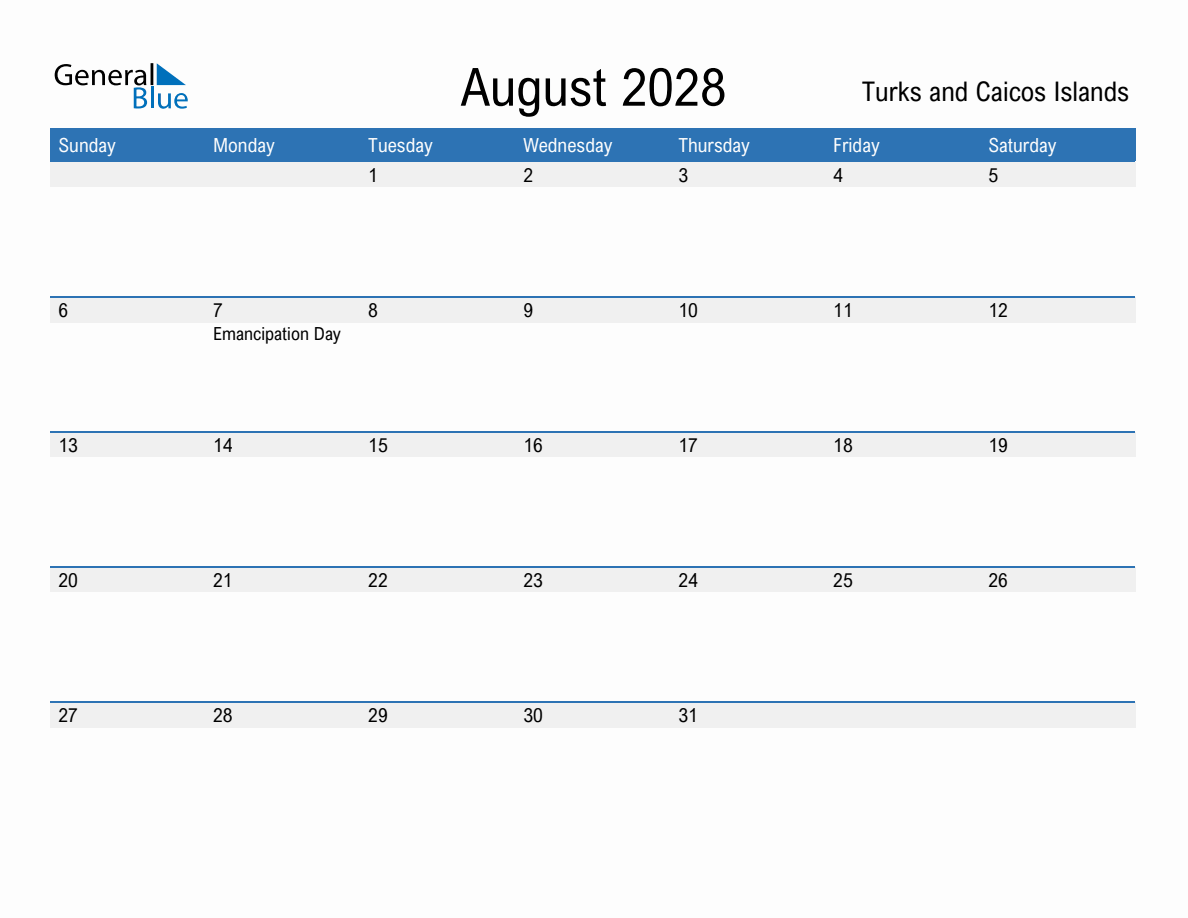 Editable August 2028 Calendar with Turks and Caicos Islands Holidays