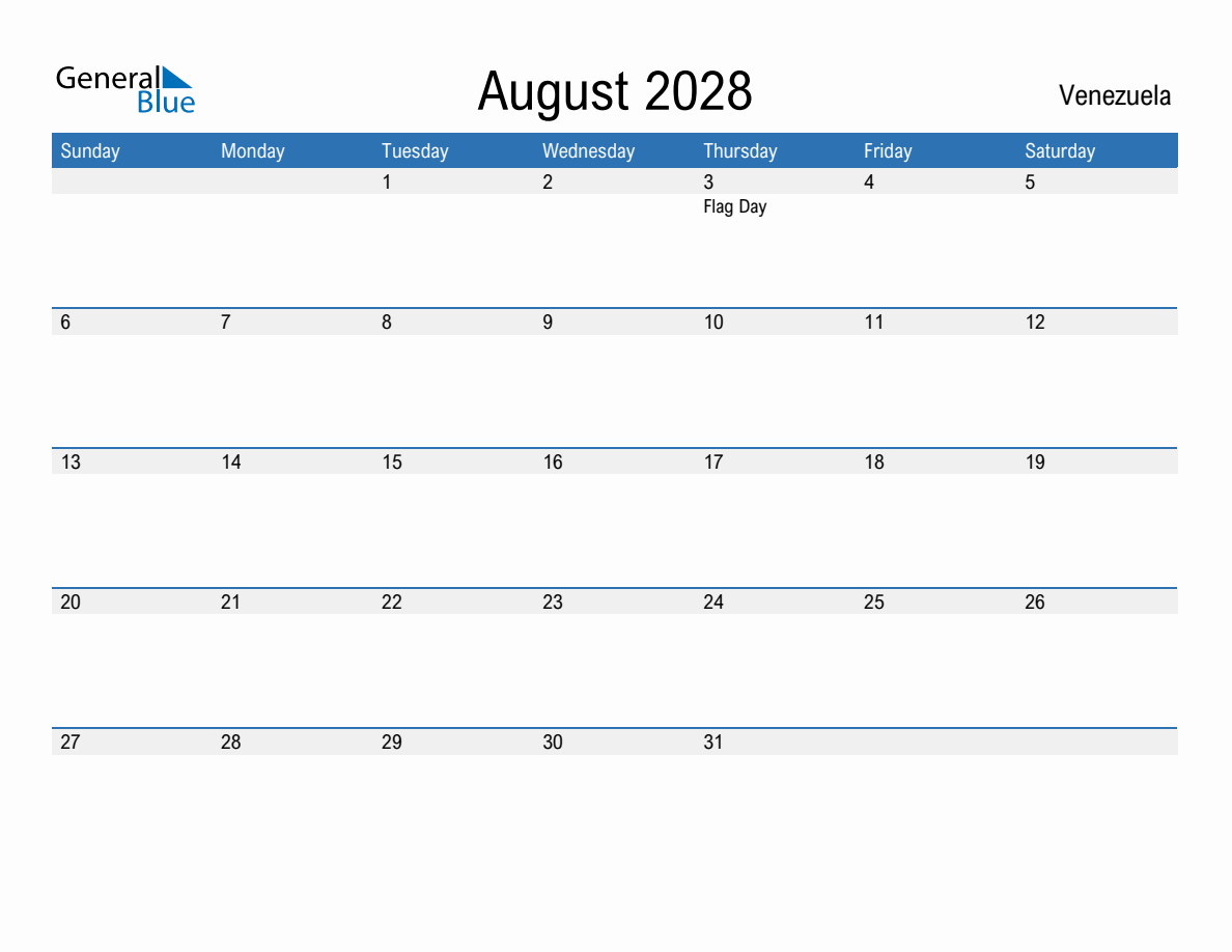 August 2028 Monthly Calendars with Venezuela Holidays