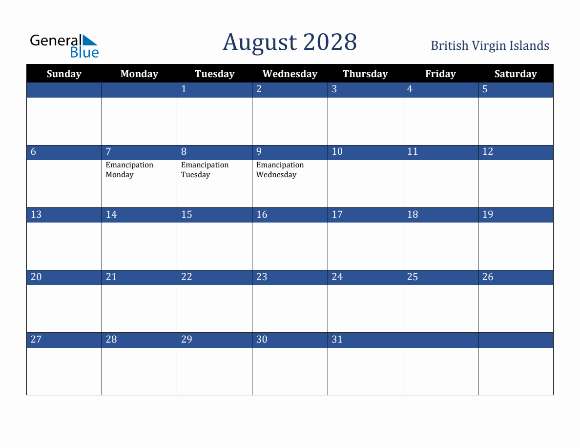 August 2028 British Virgin Islands Holiday Calendar