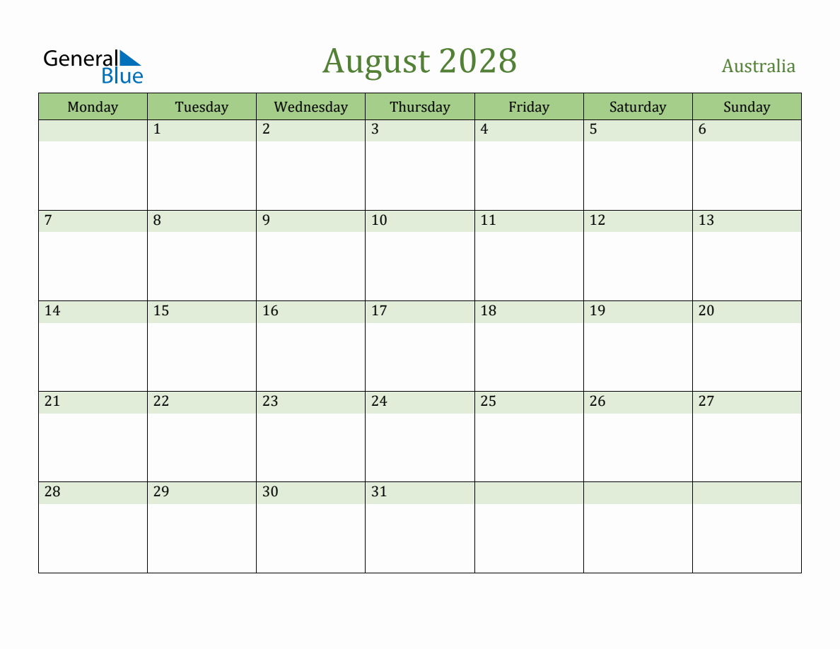 Fillable Holiday Calendar for Australia - August 2028