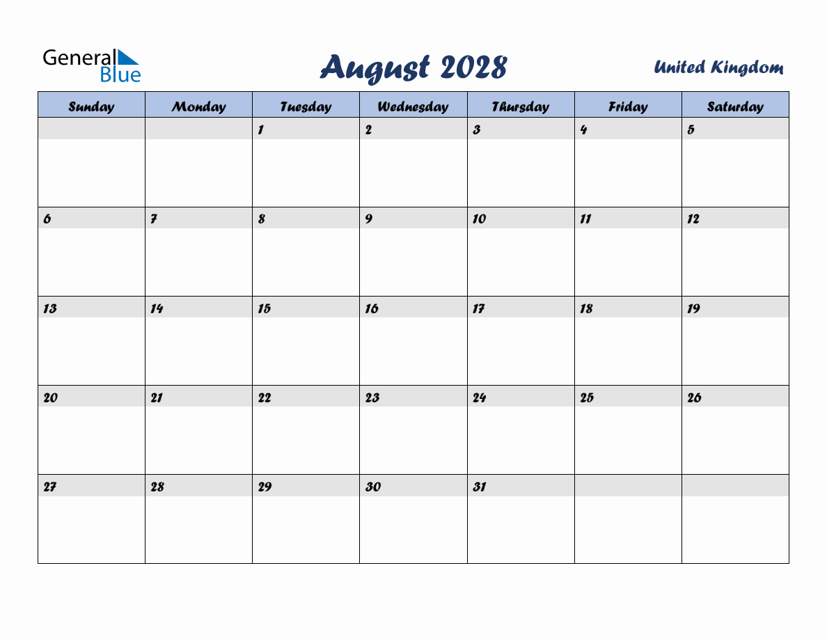 August 2028 Monthly Calendar Template with Holidays for United Kingdom