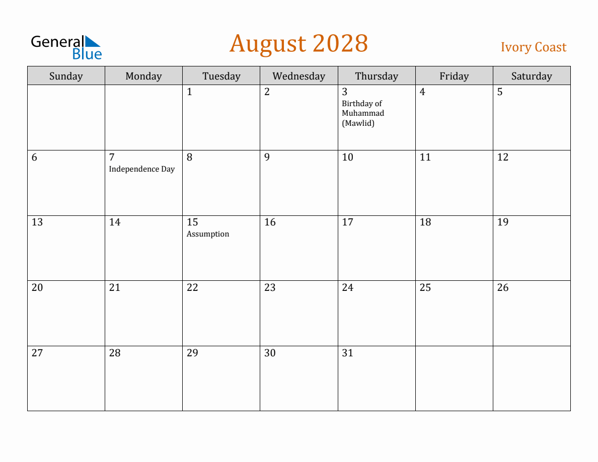 Free August 2028 Ivory Coast Calendar