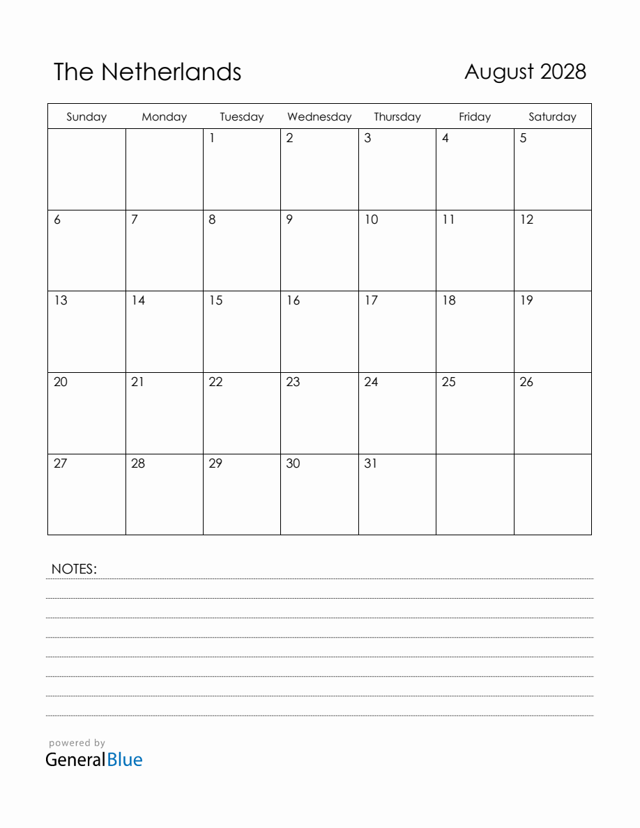 August 2028 The Netherlands Calendar with Holidays