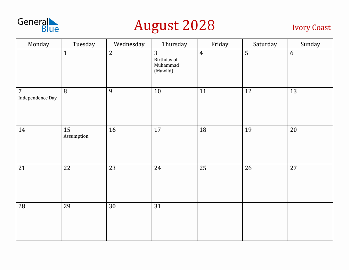 August 2028 Ivory Coast Monthly Calendar with Holidays (Monday Start)