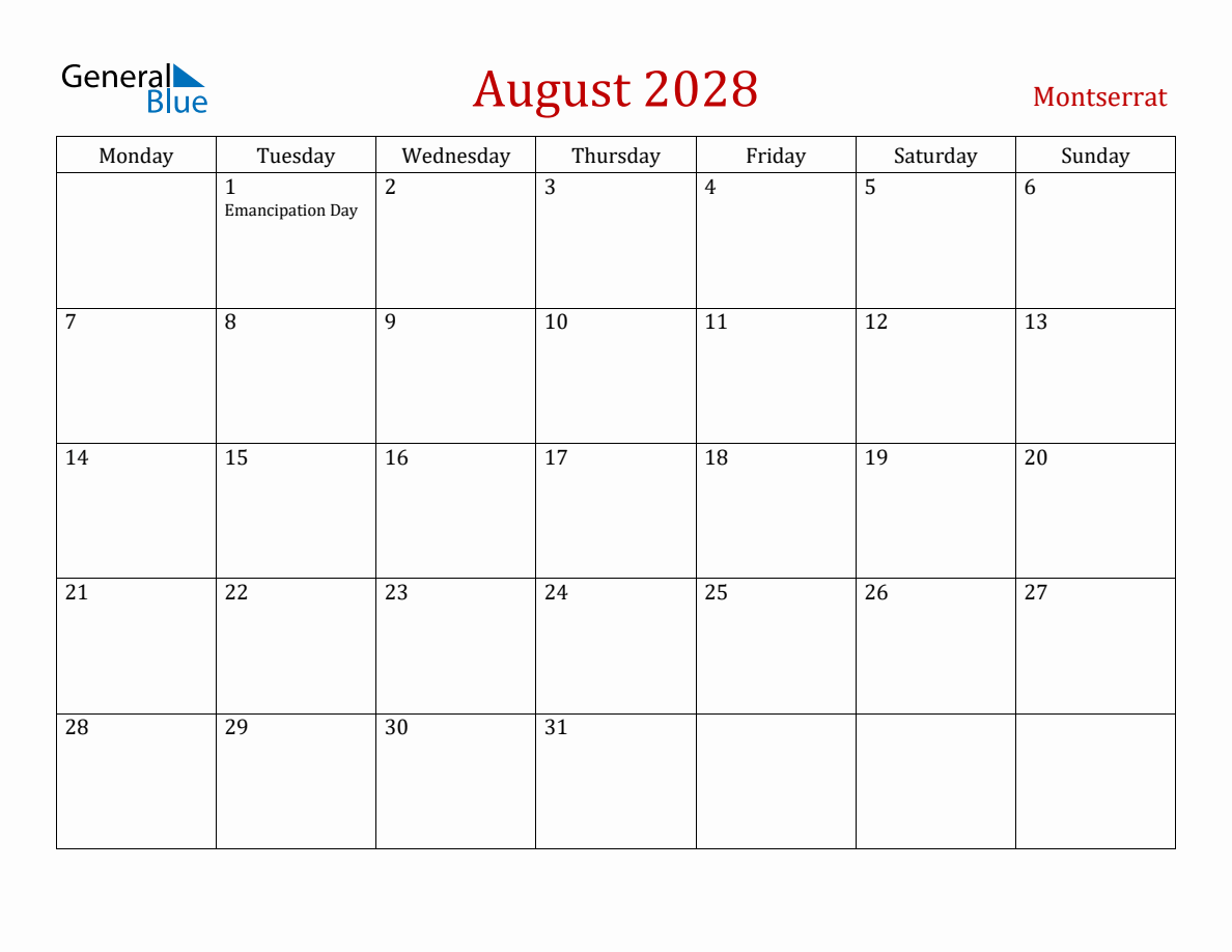 August 2028 Montserrat Monthly Calendar with Holidays (Monday Start)