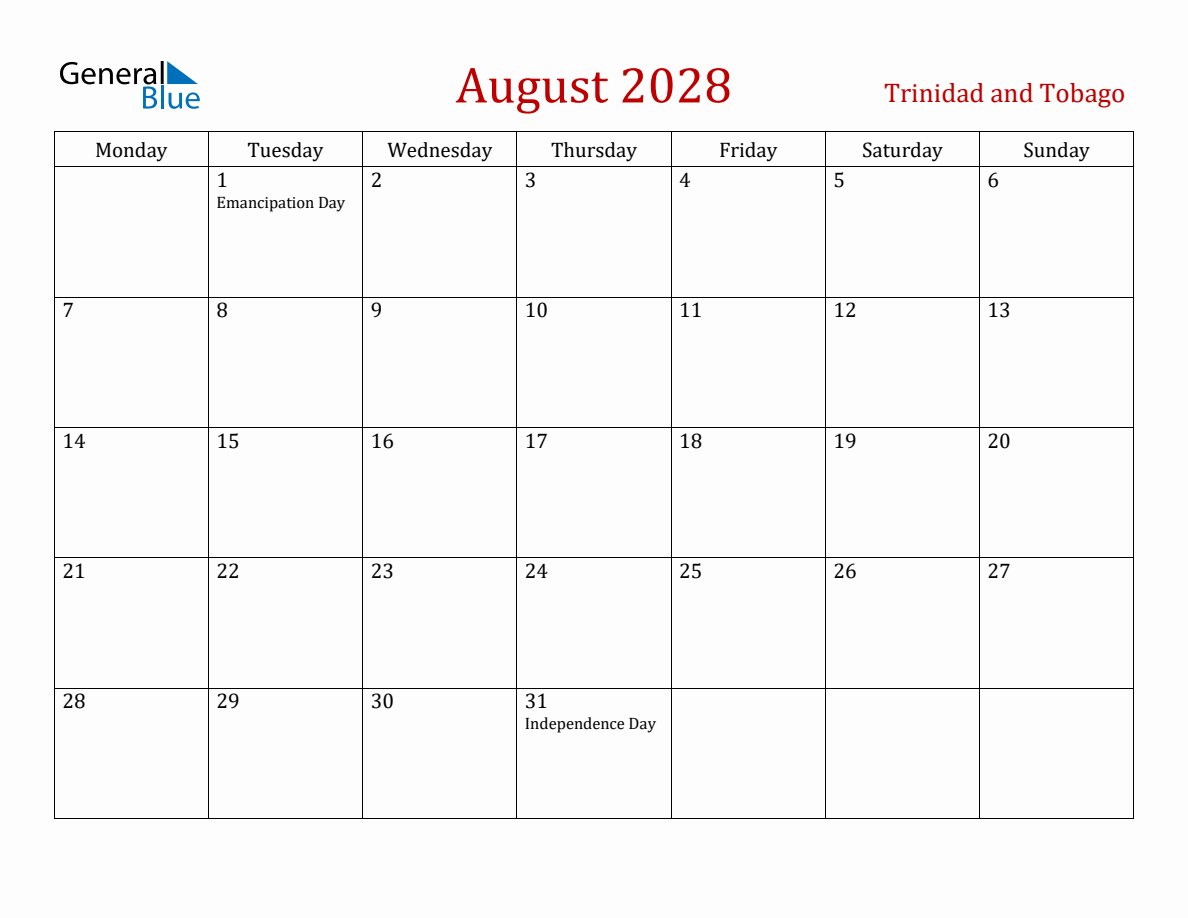 August 2028 Trinidad and Tobago Monthly Calendar with Holidays (Monday ...