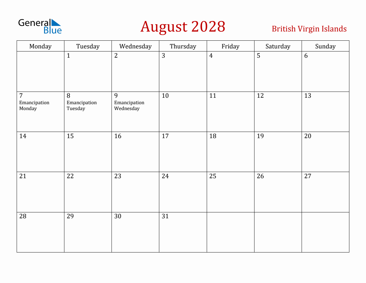 August 2028 British Virgin Islands Monthly Calendar with Holidays ...